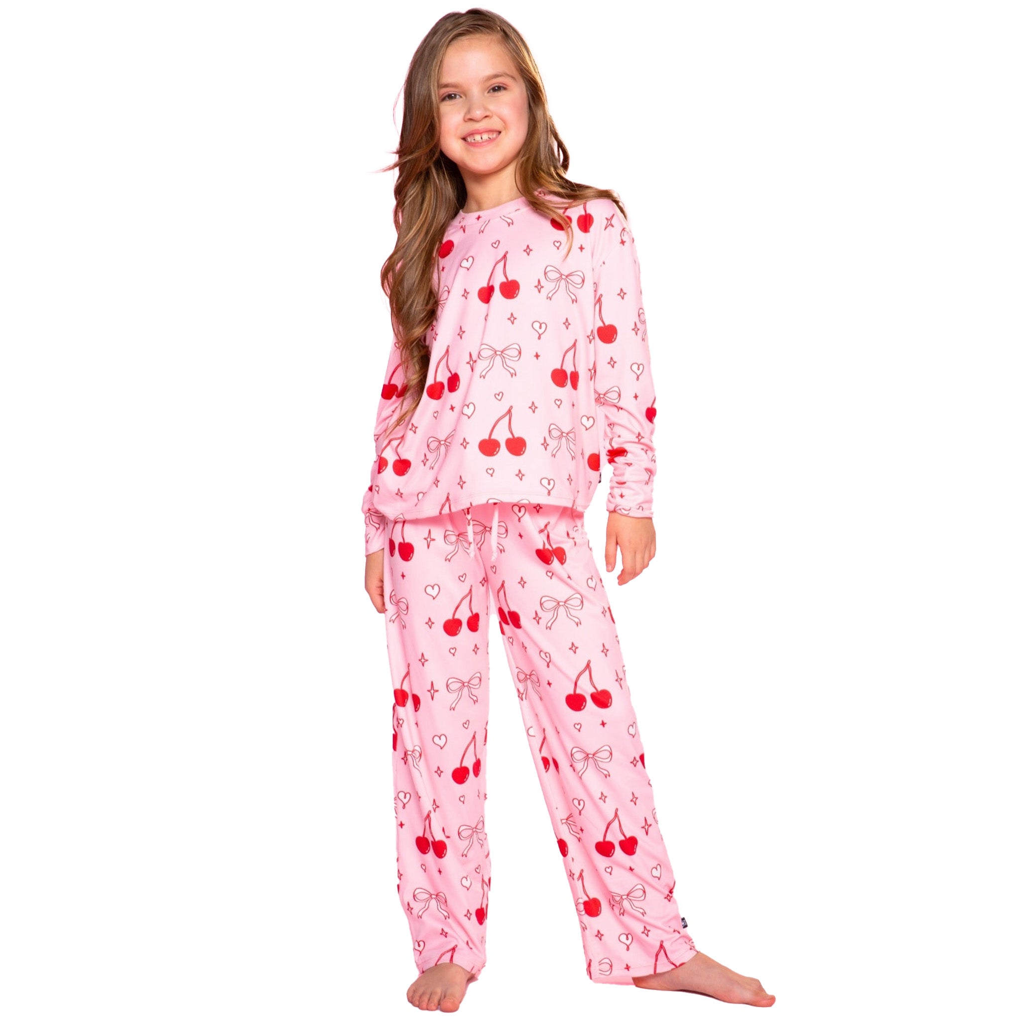 Simply Soft Wide Leg Long Sleeve Lounge Set Cherry Bow – Denny's X Lester's