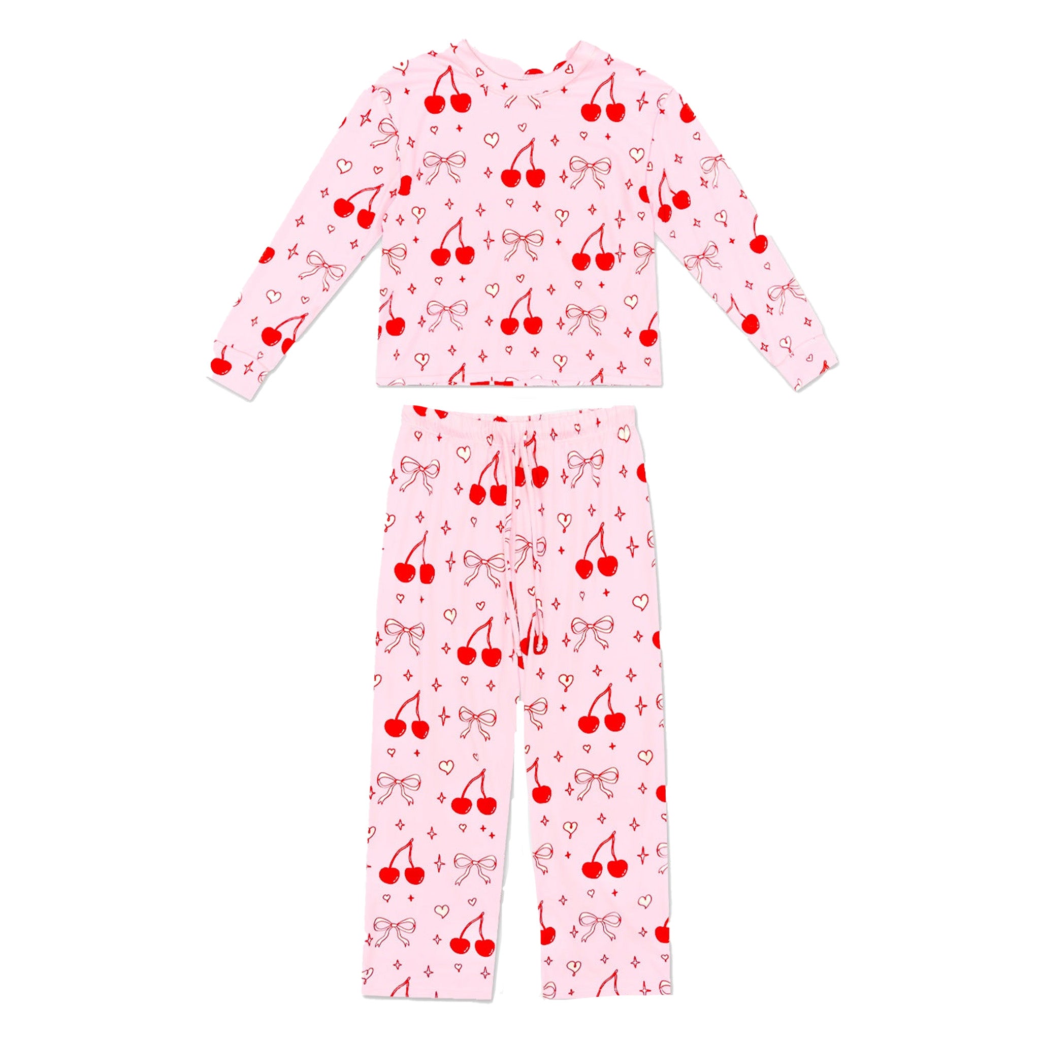 Simply Soft Wide Leg Long Sleeve Lounge Set Cherry Bow – Denny's X Lester's