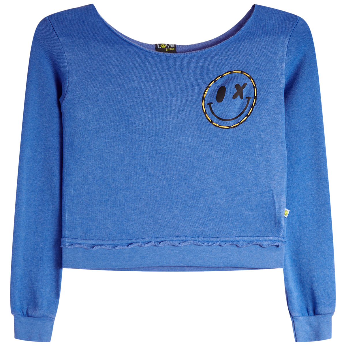 Hand Stitched Smiley off the Shoulder Sweatshirt | Denny's
