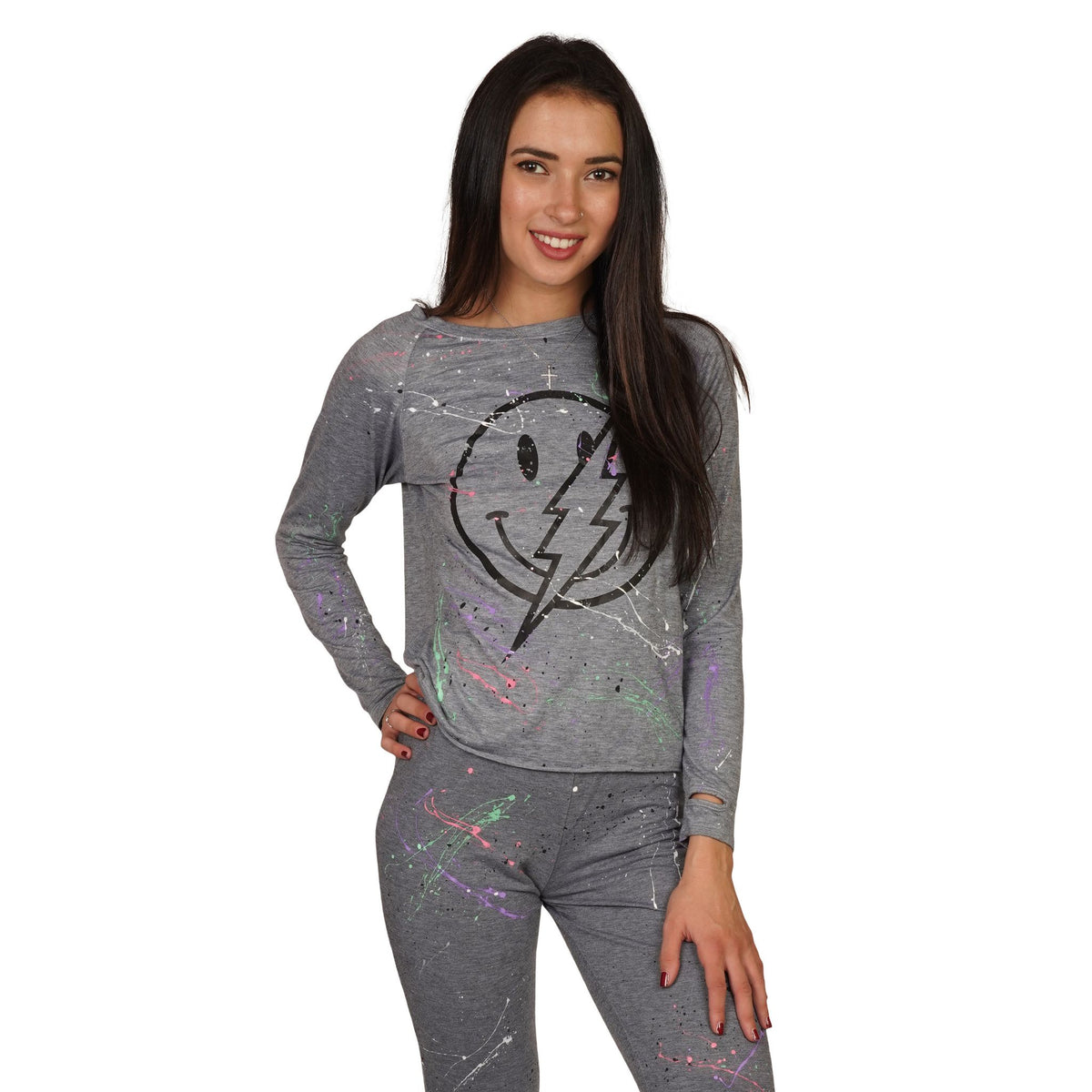 Bolt & Smiley Face Splatter Long Sleeve Top | Denny's