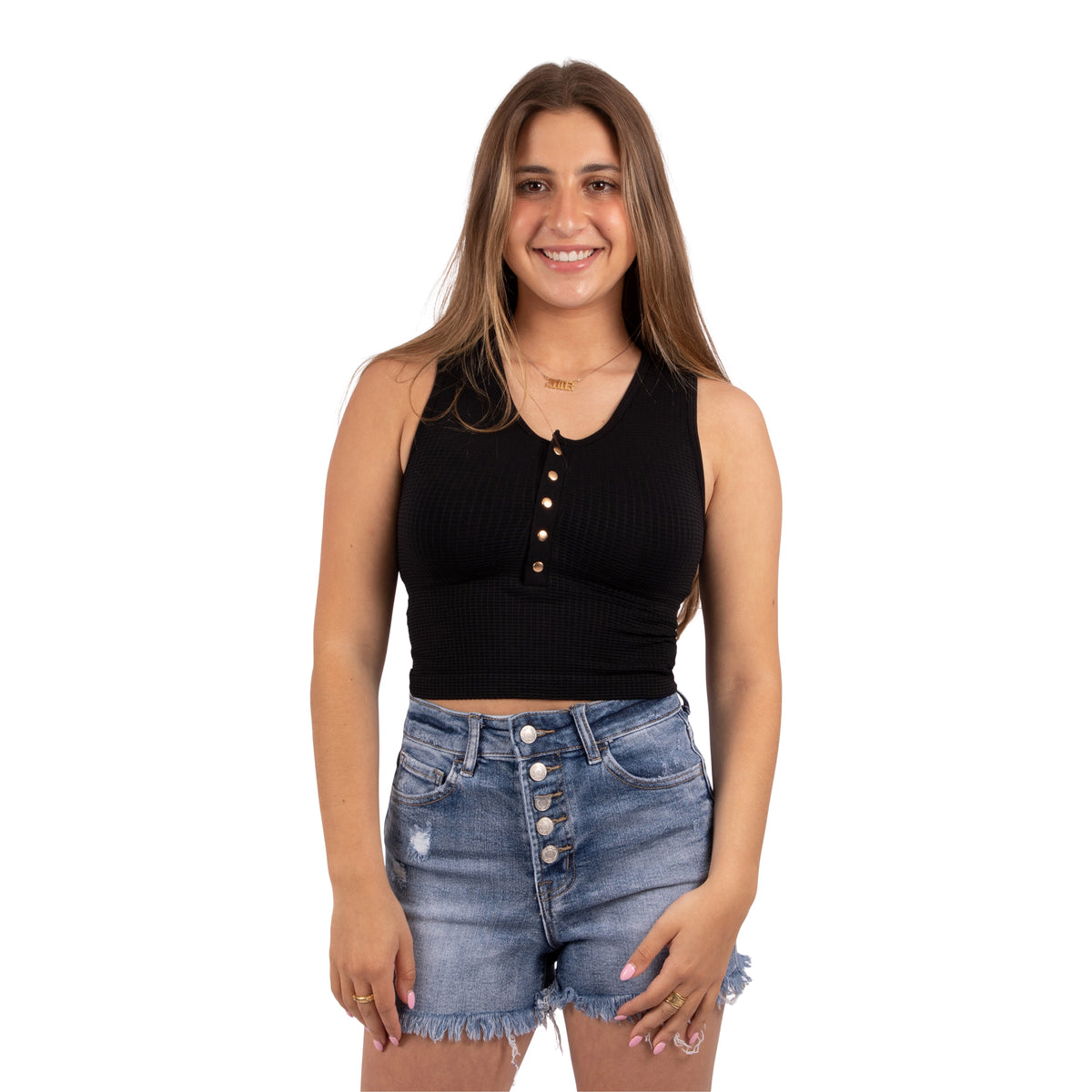 Waffle Snap Henley Crop Tank | Denny's